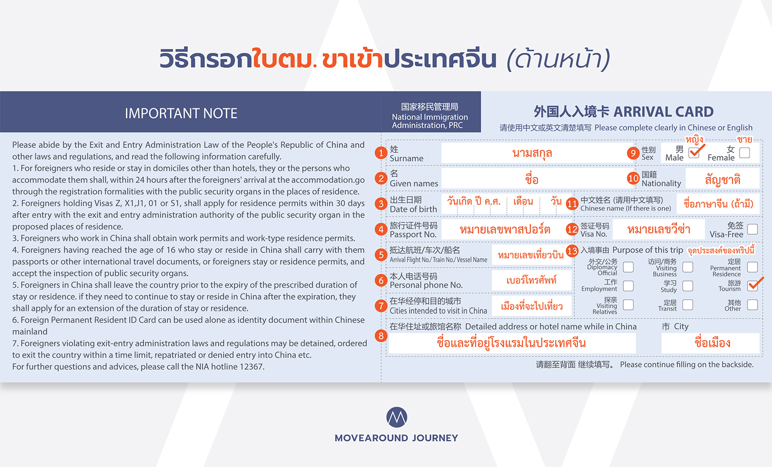 วิธีกรอกใบตม. ขาเข้าประเทศจีน (China Arrival Card)